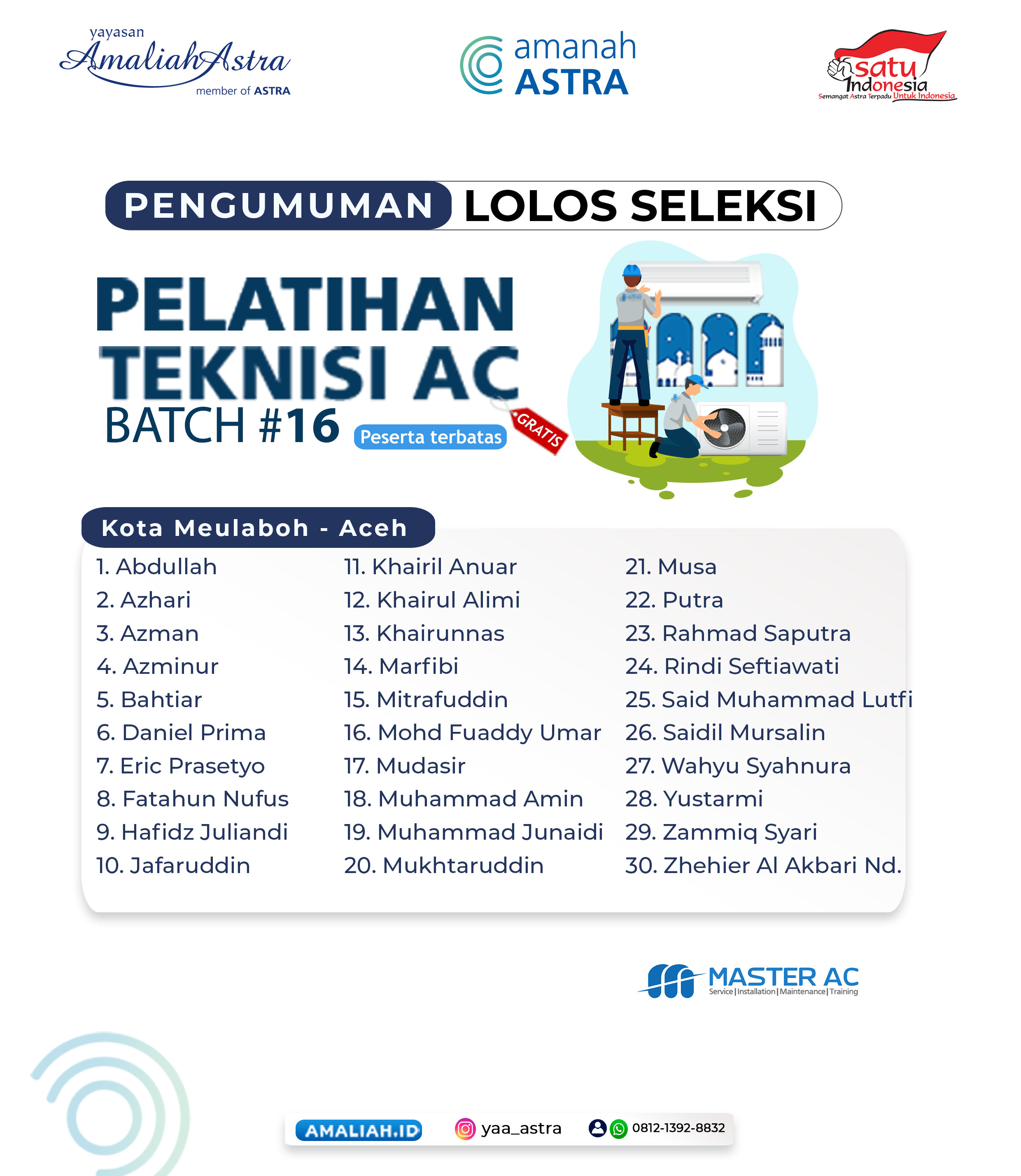 Pengumuman lolos seleksi Interview pelatihan AC batch 16 Kota Meulaboh - Aceh